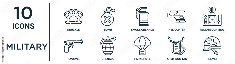 military linear icon set. includes thin line bomb, smoke grenade ...
