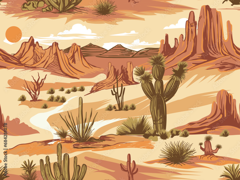 Desert Pattern in vector, desert mountains, desert cactus patterns ...