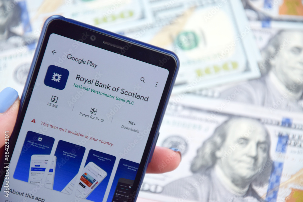 Royal Bank of Scotland mobile banking app on smartphone screen. Stock ...