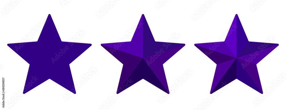 Graphic elements of three purple stars – One star in a 2D plane and two ...