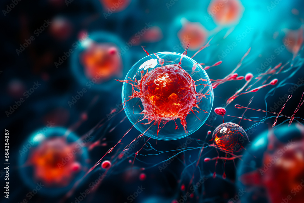 Body's cellular entities, vascular pathways, microbial life forms. Novel coronavirus, scarlet ...