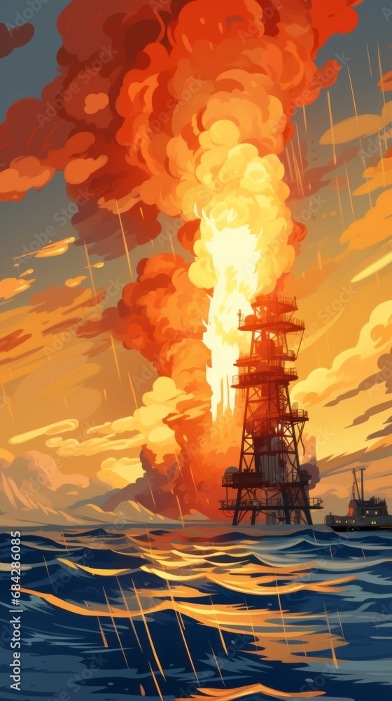 Fire on an oil rig in the sea or ocean, oil burns, environmental ...