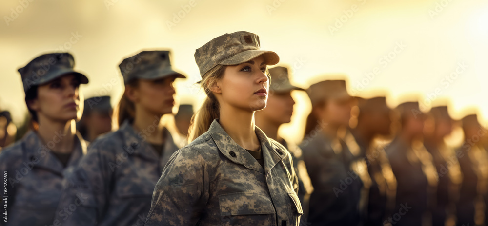 Group of women in military uniforms standing at army ceremony or ...