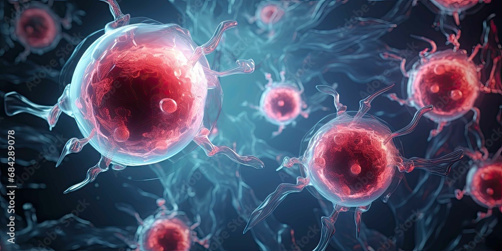 Group Of Cells And Yellow Cell Dots, Cell Division Background, Human ...