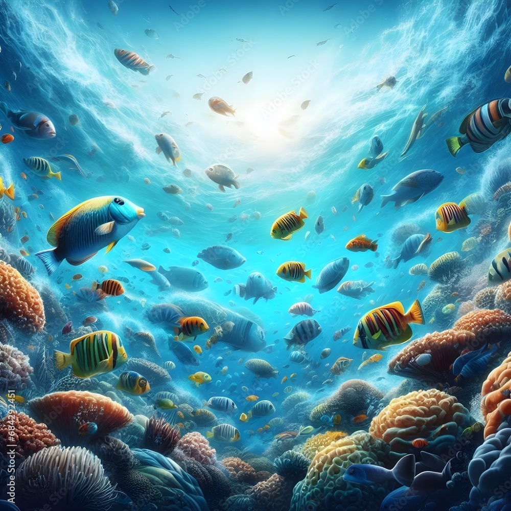 ocean scenes with different fish, vivid fish, impressive panorama ...