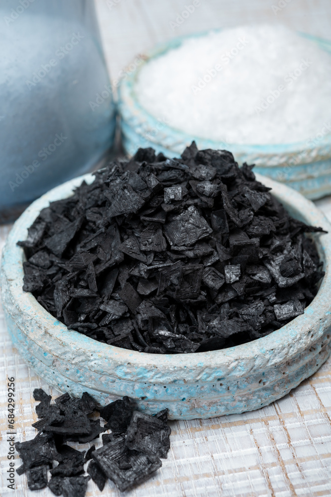 Black and white sea salt close up, Cyprus Black Salt shiny black ...