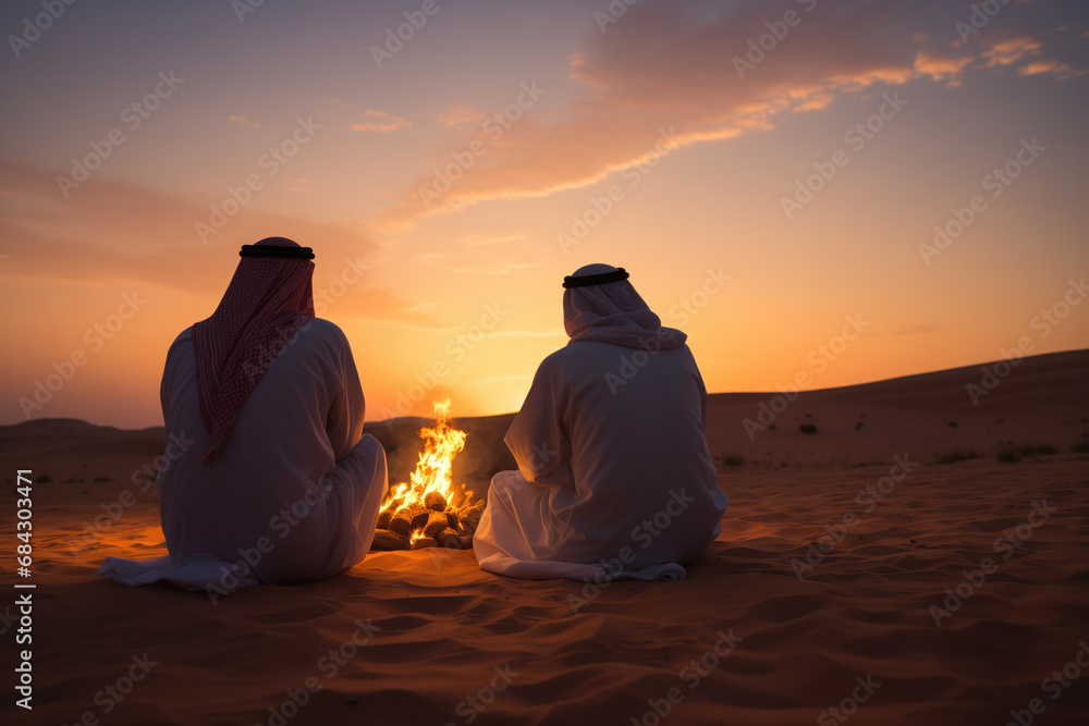 Two Saudi men in traditional clothing have a picnic in the dune desert ...