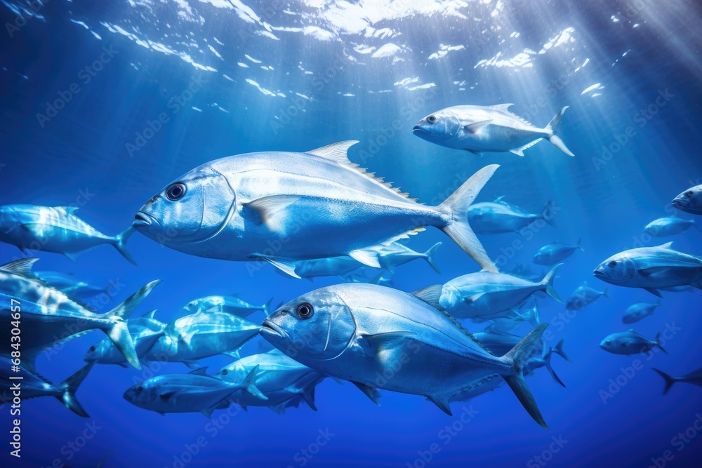 Tuna fish swimming underwater in deep blue ocean. Underwater world, A ...