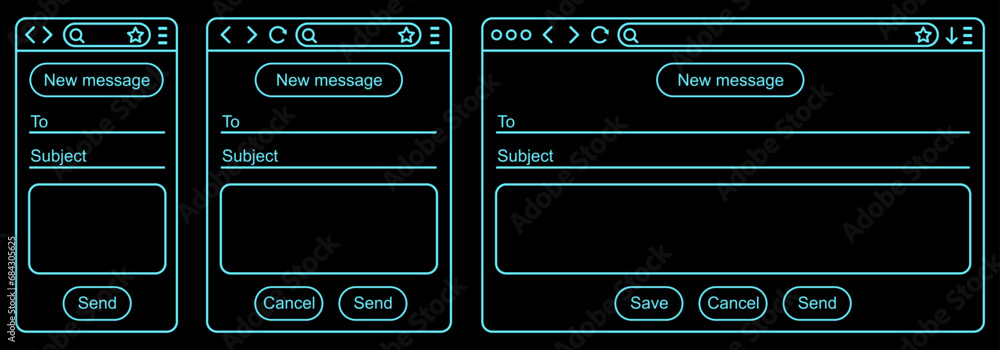 Email interface dark mode, outline mail window, internet new message ...