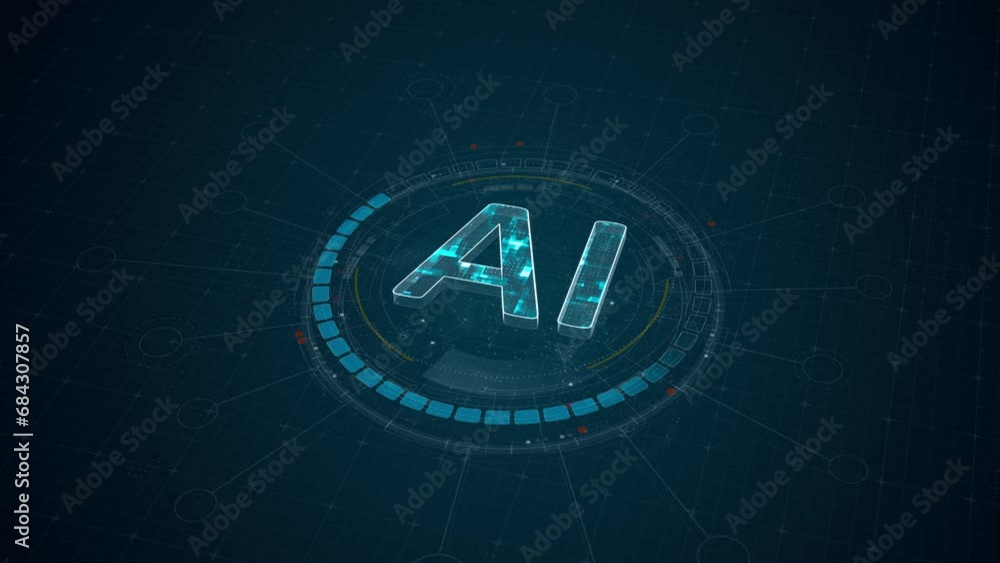 Motion graphic of Blue digital AI letter and 3D circle futuristic HUD elements with Ai chatbot ...