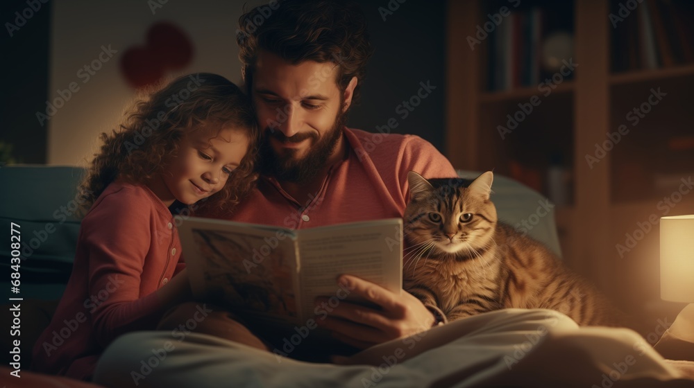 Dad and daughter sitting on sofa at home in living modern room reading ...