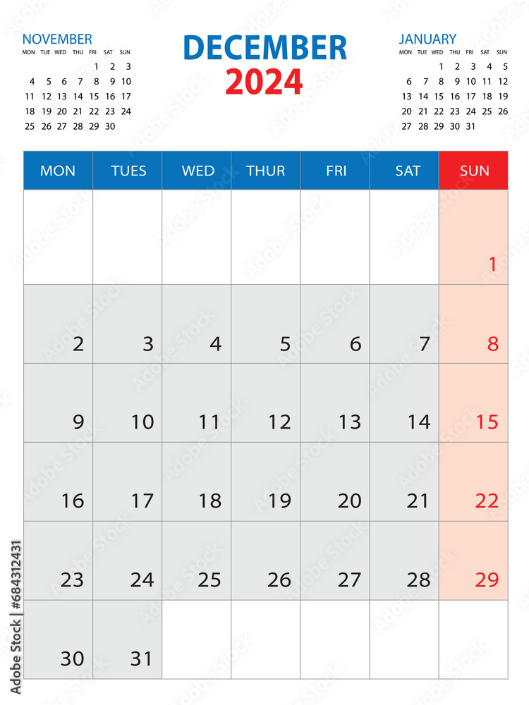 Calendar 2024 template - December 2024 year, week start on monday, Wall ...