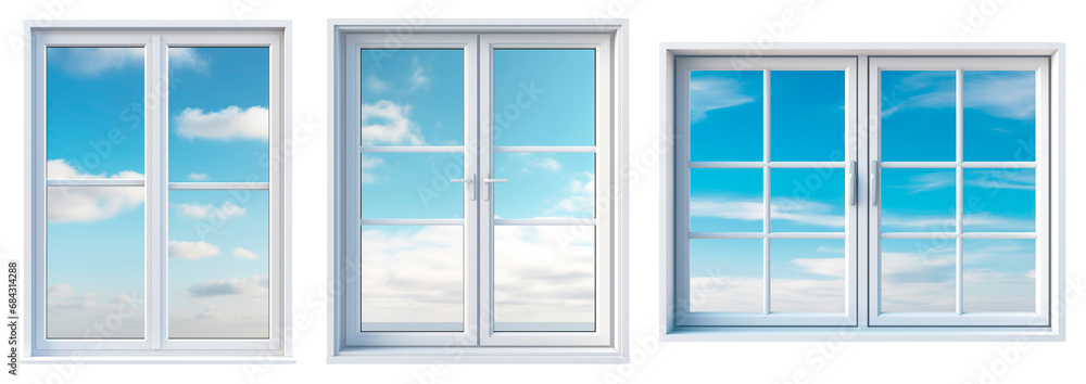 Set/collage of rectangular, square windows overlooking a blue sky with ...