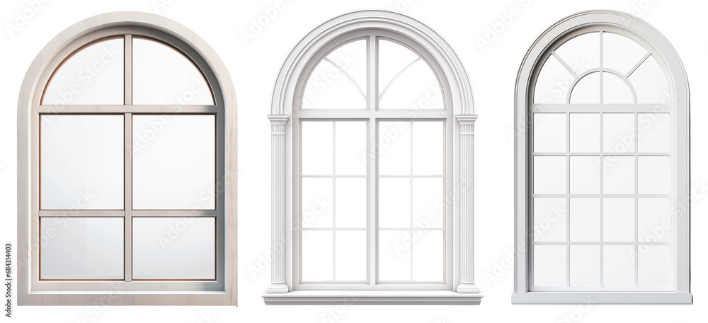 Set/collage of semicircular, arched, white windows. Isolated on a ...