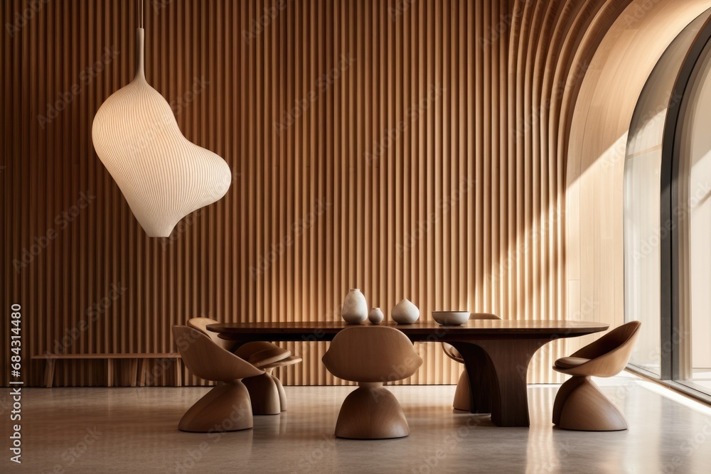 abstract wood paneling arched wall in modern dining room. Minimalist ...