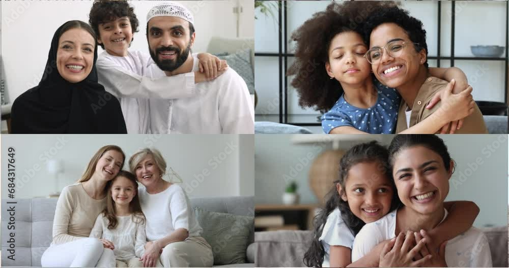 Loving families spend time together, resting at home, hugging express ...