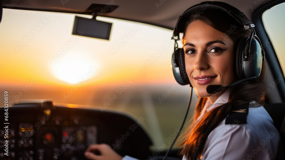 Woman pilot in airplane cockpit, wearing headset with microphone ...