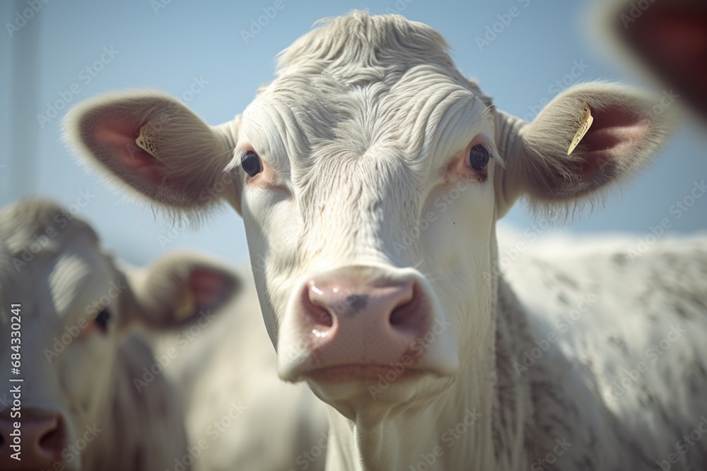 A detailed view of a cow's face with other cows visible in the ...
