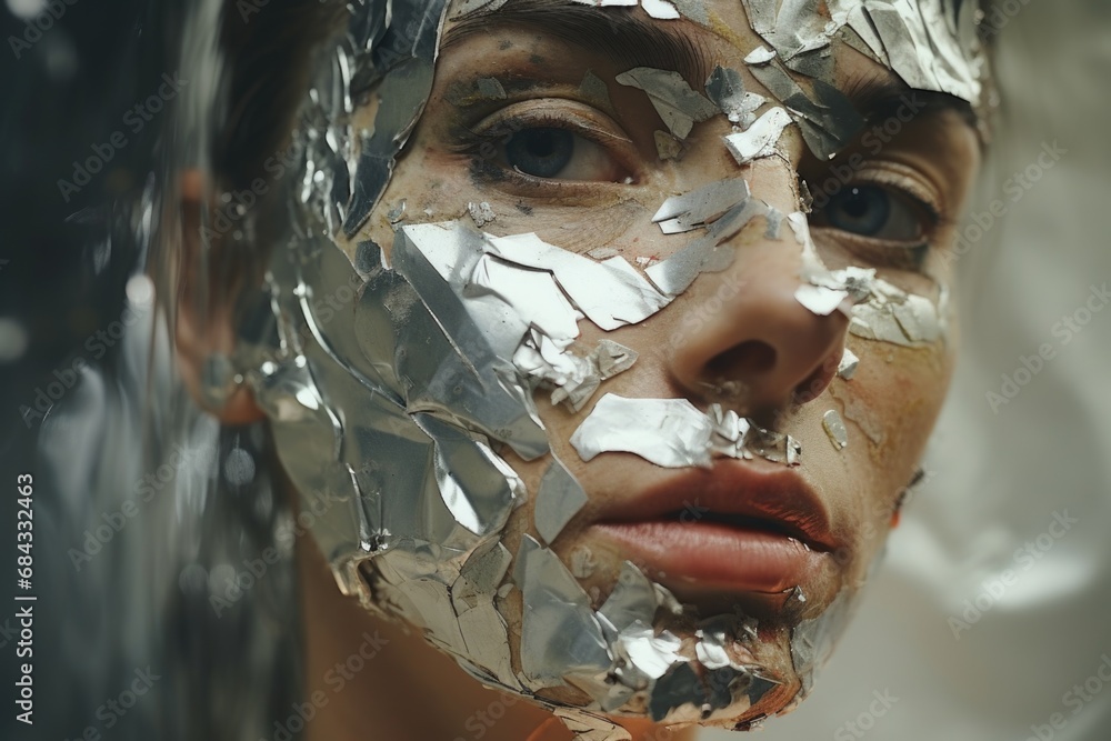 A close-up view of a person with foil on their face. This image can be ...