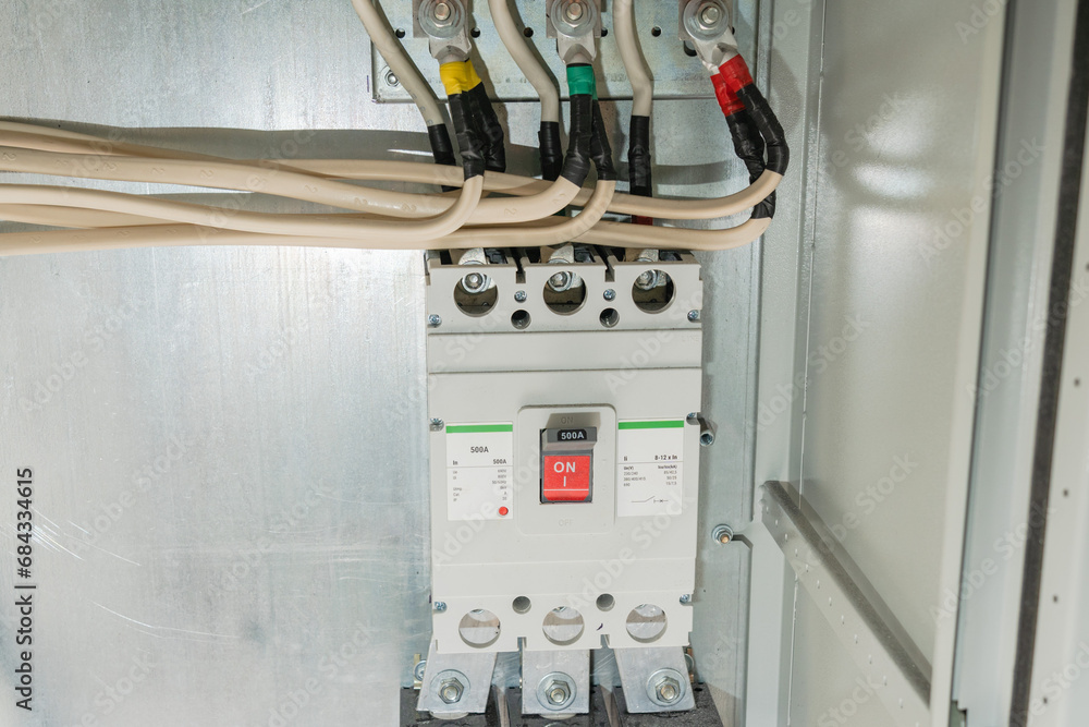 Electric control panel with toggle switch on. Electrical voltage. Stock ...