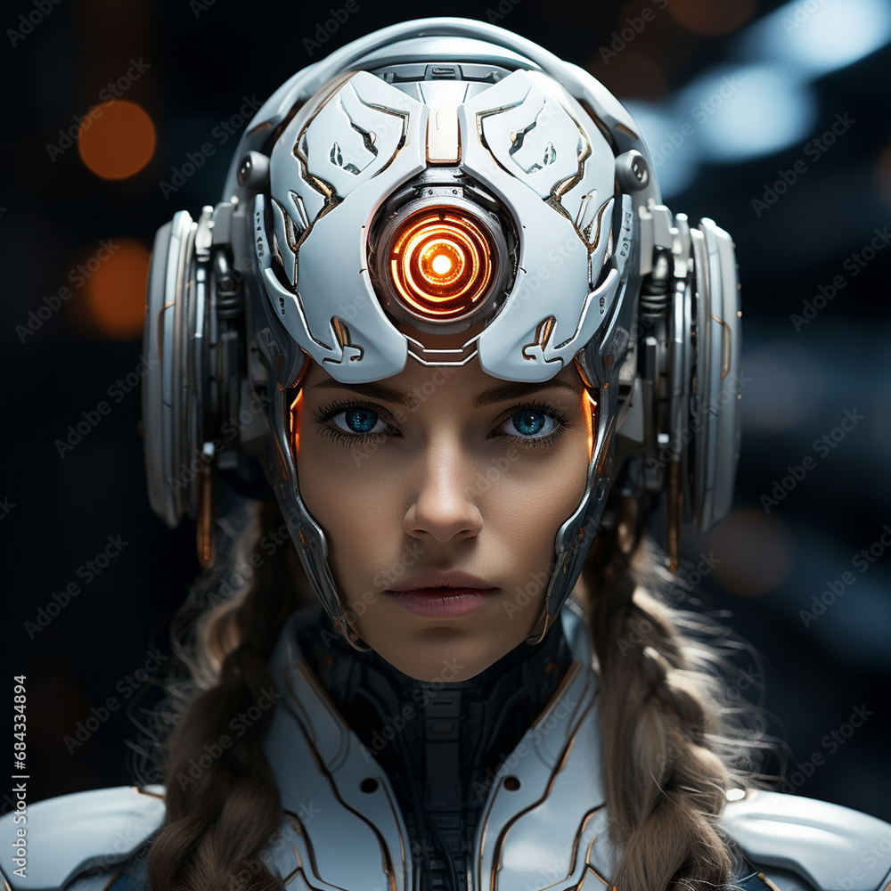 White futuristic robot in helmet, looks like beautiful female face on ...