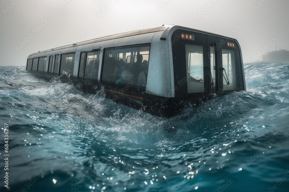 Train during a flood in heavy rain. Incident with a passenger train ...