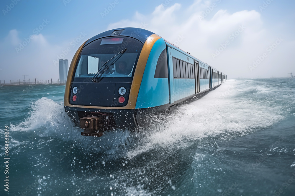 Train during a flood in heavy rain. Incident with a passenger train ...
