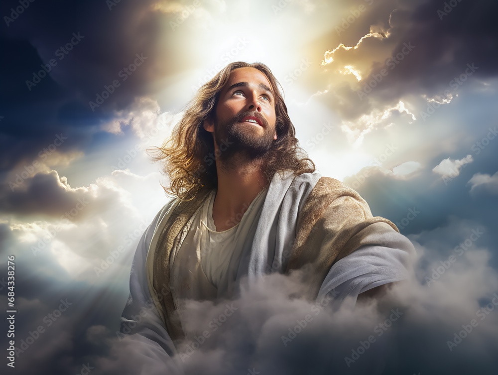 Jesus Christ in the sky with clouds and sun reflections. Generative Ai ...