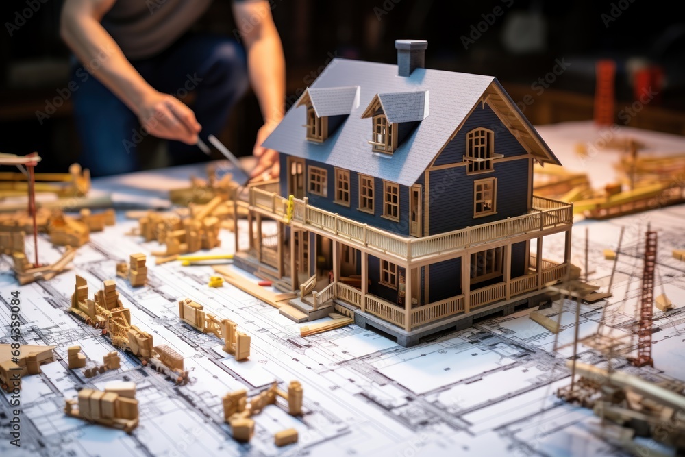 Architectural model of a house with blueprints in the background. House ...