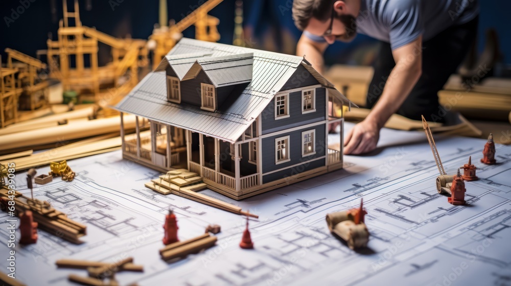 Architect working on a construction plan with model of a house. House ...