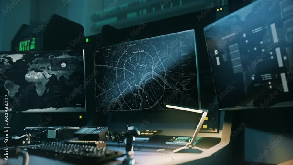 Police surveillance ai scanner examining the night city map ...