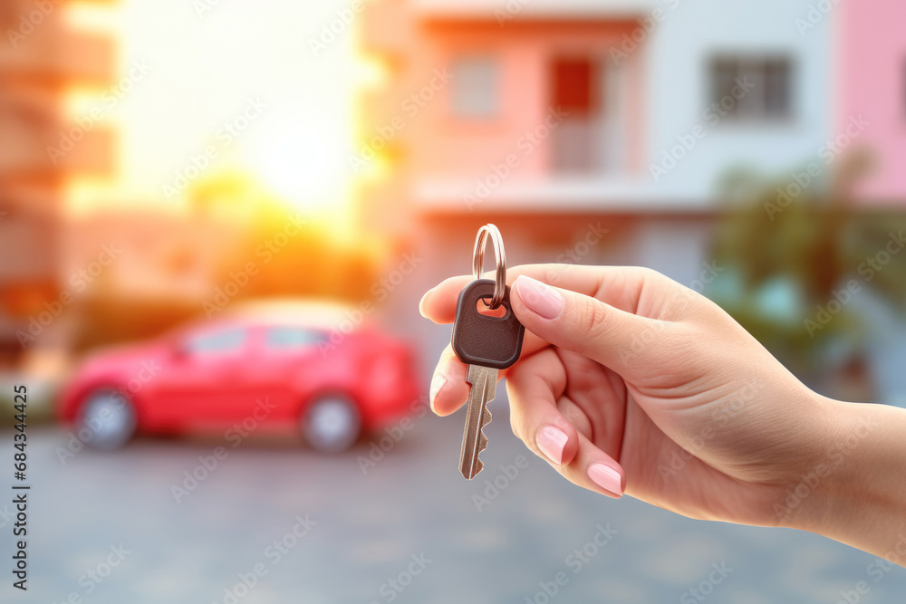 A young driver receiving the key to her new car, a symbol of ...