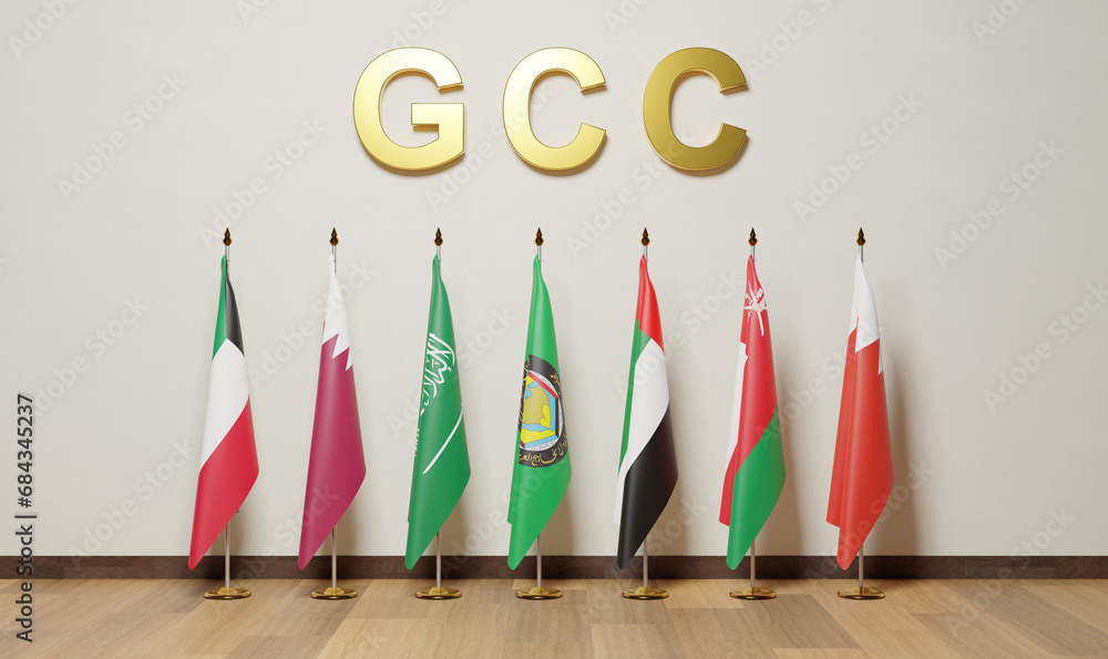 Flags of the Gulf Cooperation Council countries, Bahrain, Kuwait, Oman, Qatar, Saudi Arabia, and ...