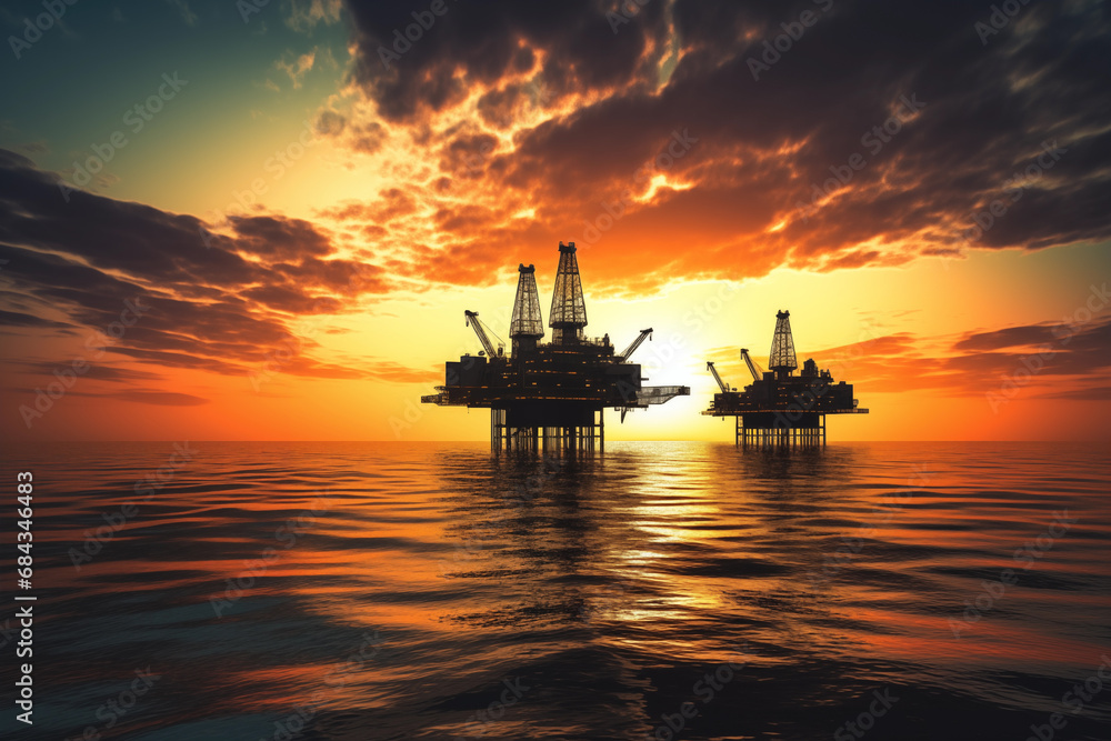 Offshore oil and gas. Oil rig in sea on sunset, Crude Oil production ...