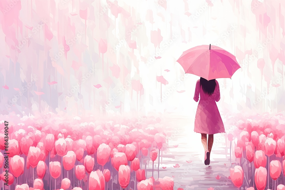 woman walking field pink tulips umbrella concept amaze cherry blossom ...