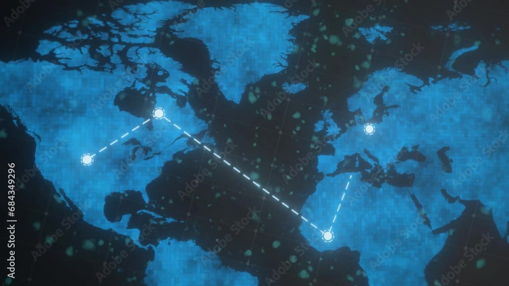 World map animated background. Neon world map connected by grid. Global Network and Business ...