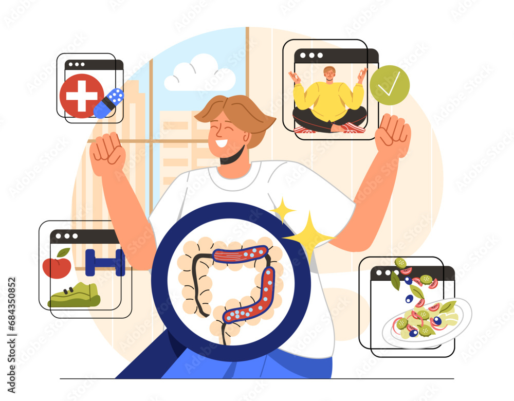 Intestine health concept. Health care and treatment. Sick young guy ...