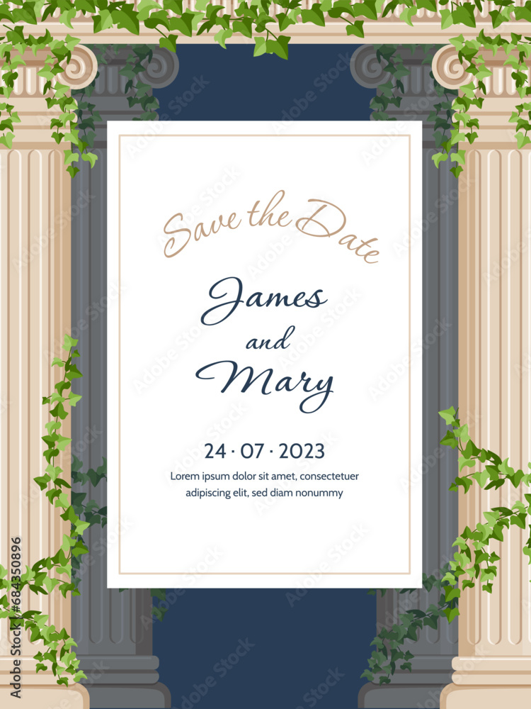 Invitation wedding card with column. Marble architectual elements ...