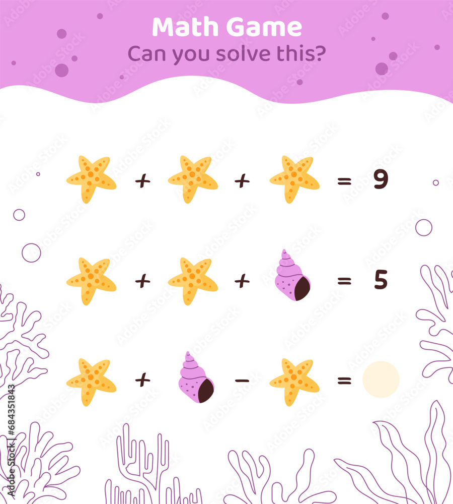 Vecteur Stock Math game template. Nautical star and seashell. Sea and ...