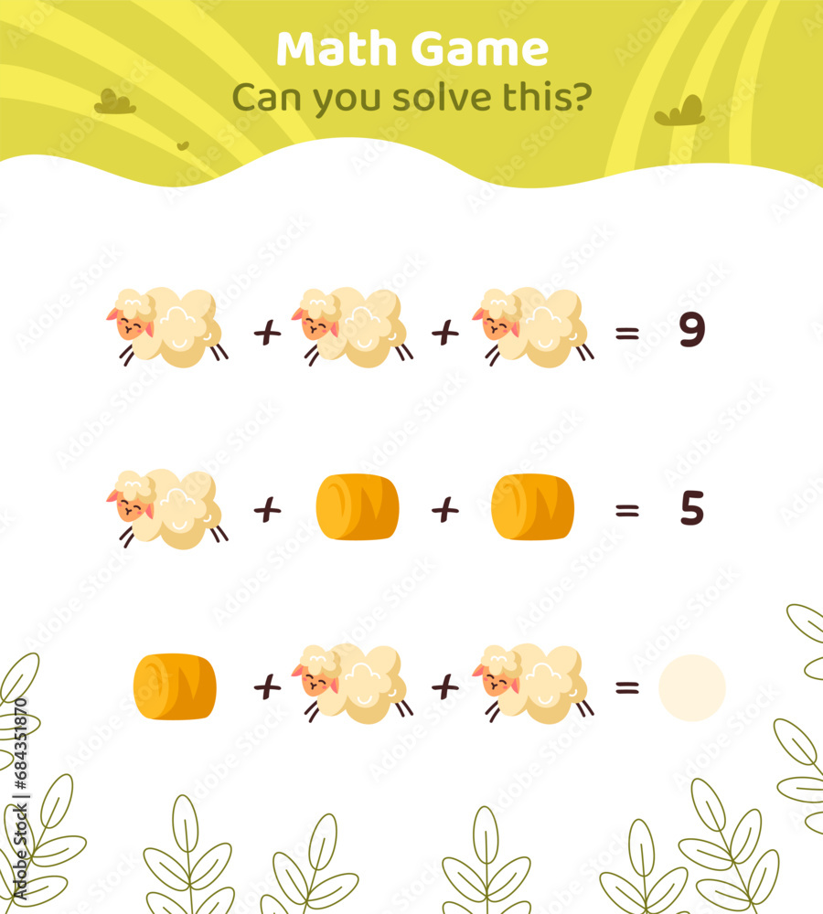 Math game template. Farming sheep and haystacks. Sea and ocean ...