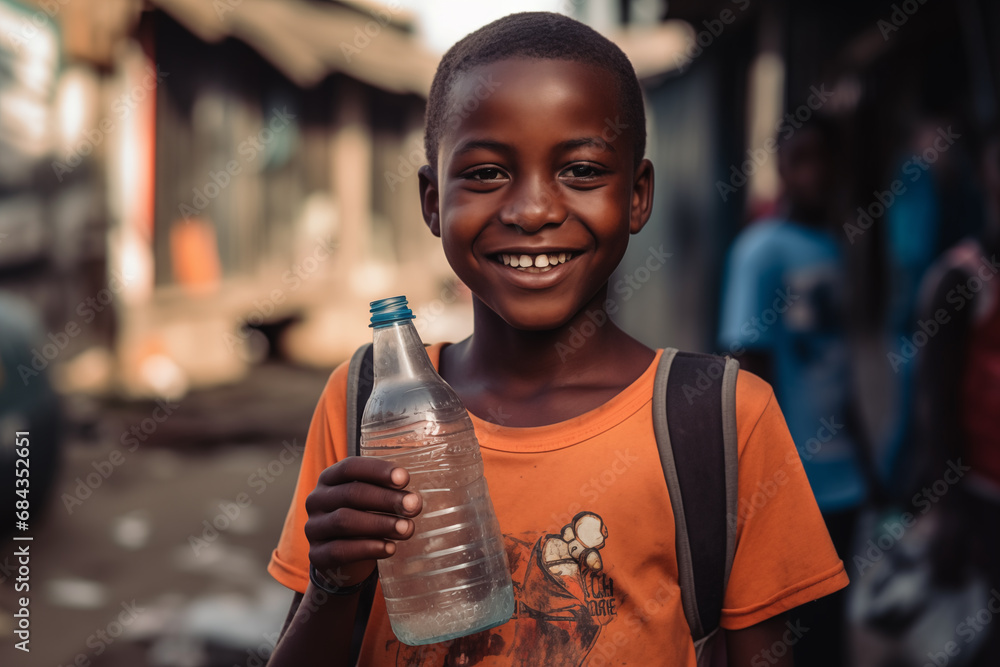 African boy with water bottle. Boy enjoying water. Happy black boy from ...