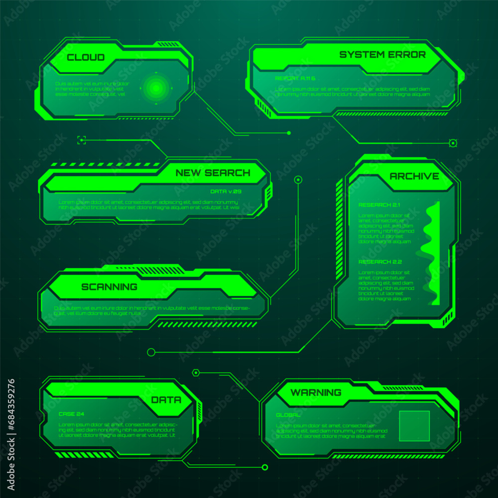 Green futuristic HUD, UI elements. Sci-fi user interface text boxes ...