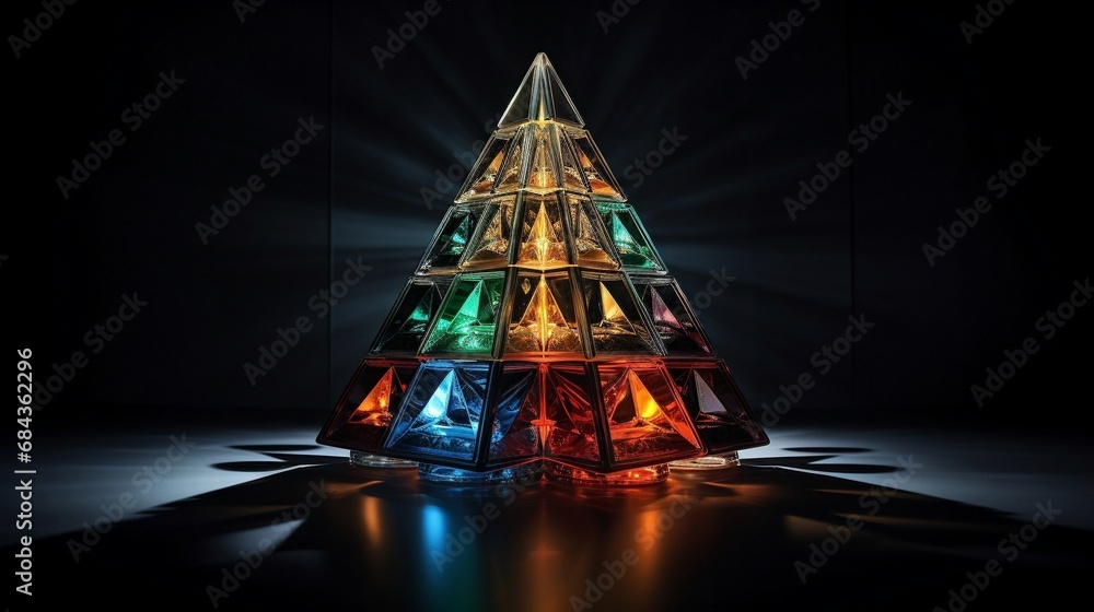Multi-colored Christmas tree toys are laid out in a pyramid on a table ...