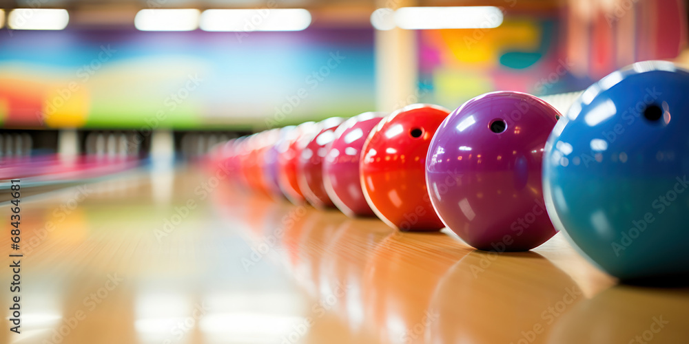 Bowling balls ready for play on a polished lane, set against the lively ...