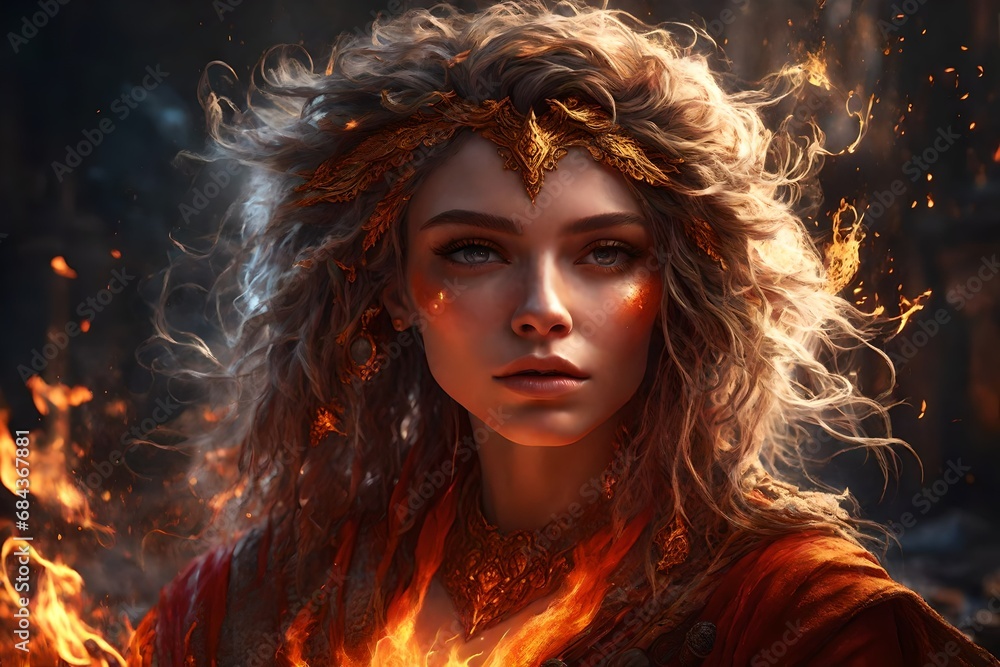 "legendary fire goddess", huge flaming hair, smoke, embers, sparks ...