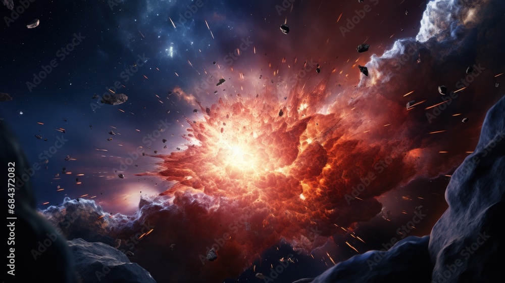 Big Bang. Explosions in space with fiery flashes. A digital art ...