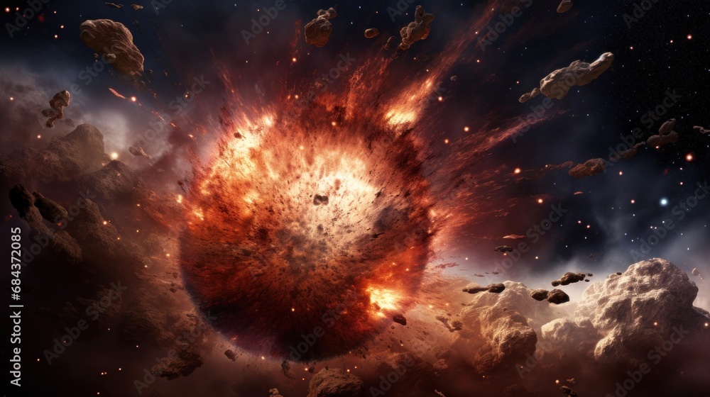 Asteroid explosion in space. A digital art representation of a fiery ...