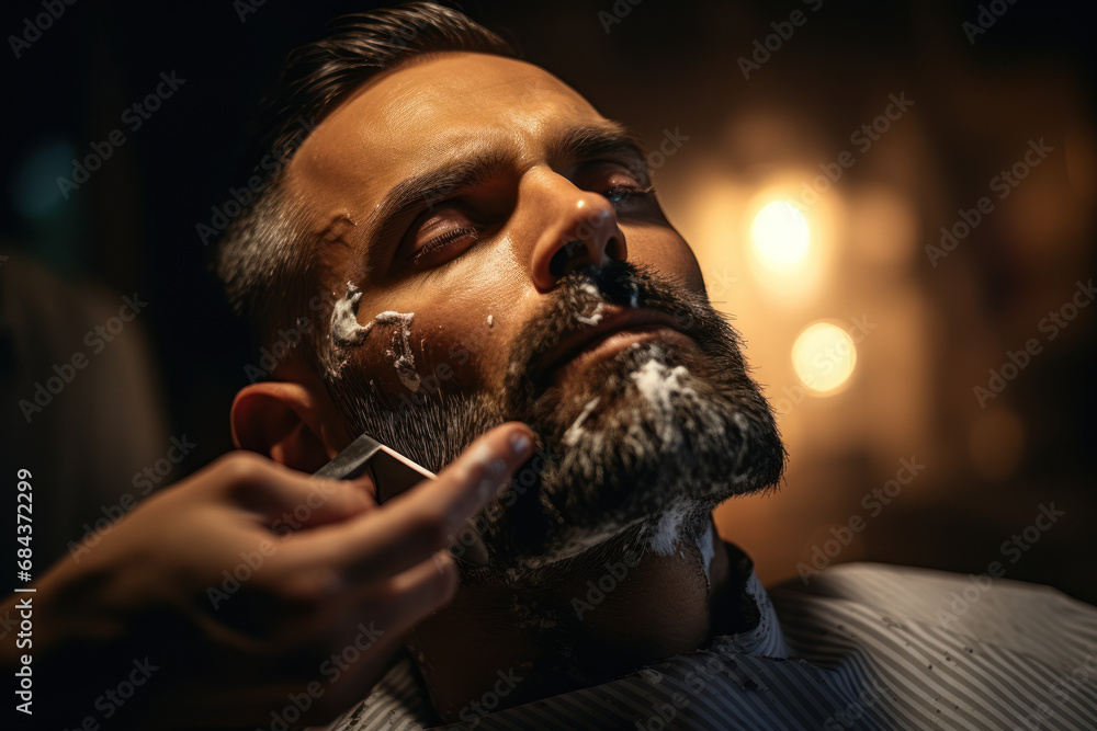 A close-up of a straight razor gliding smoothly over a well-lathered ...