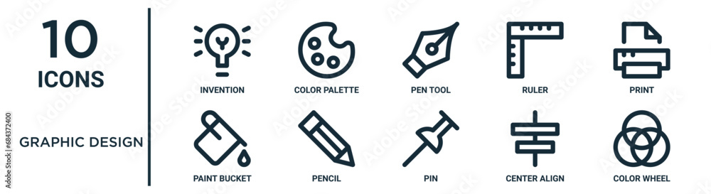 graphic design linear icon set. includes thin line color palette, pen tool, print, pencil ...