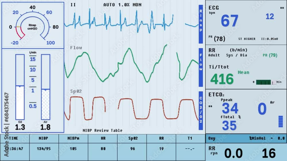 Display of the modern hospital equipment is showing the patients data ...